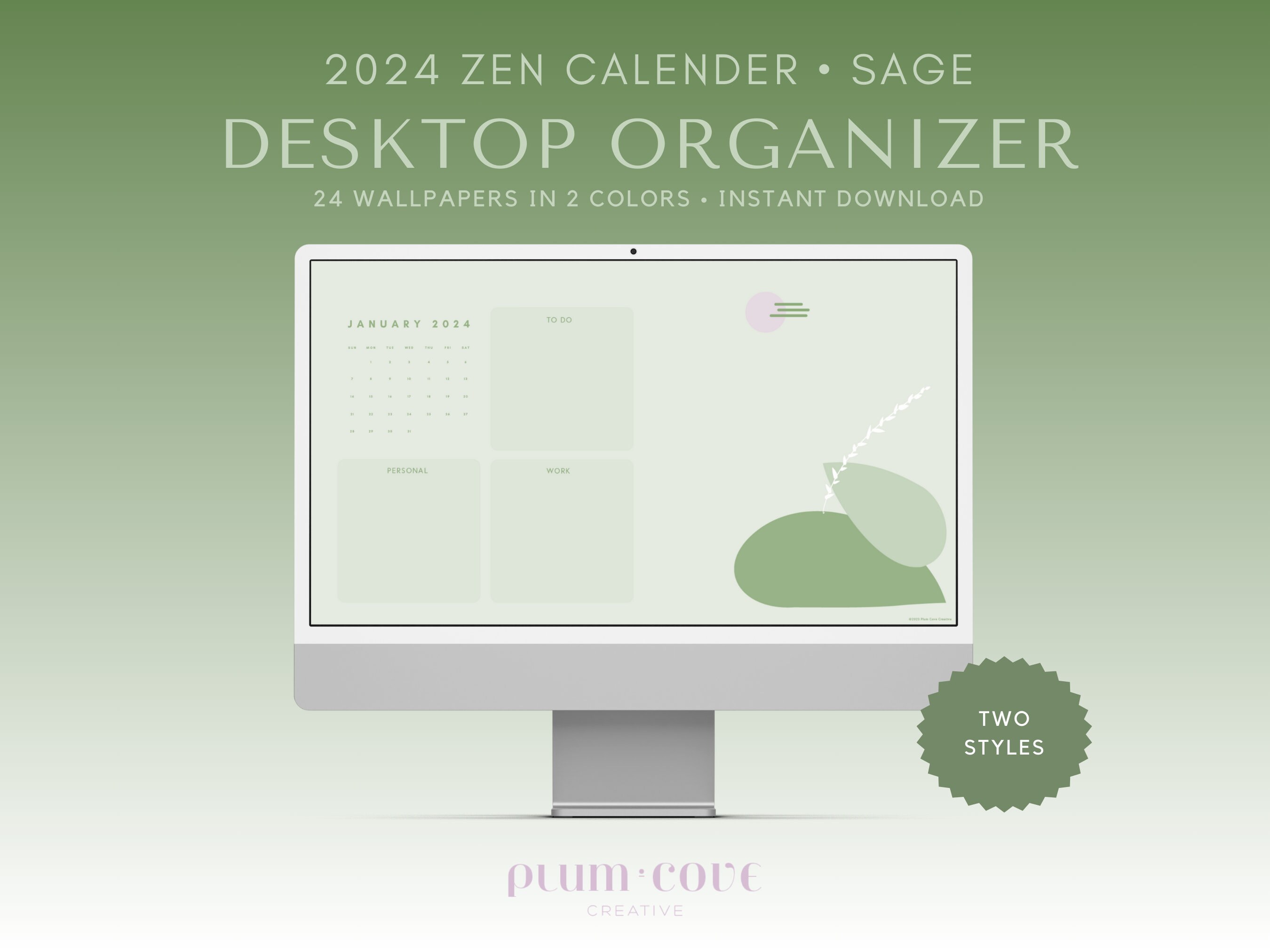 2024 Desktop Organizer Monthly Calendar Sage Green Minimalist Aesthetic ...