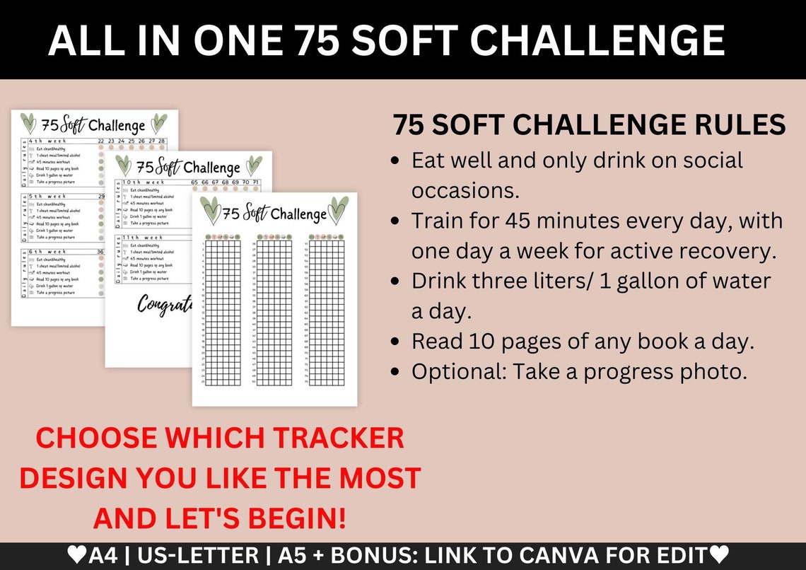 EDITABLE 75 SOFT Challenge Tracker Bundle Pdf, Canva Editable A4, A5 ...