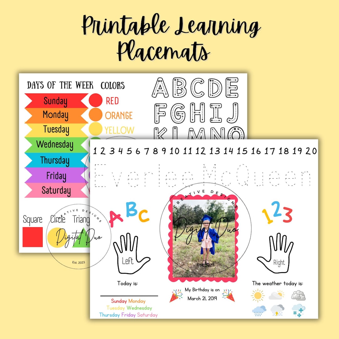 10 Personalized Learning Placemats Kindergarten & Pre K Homeschool ...