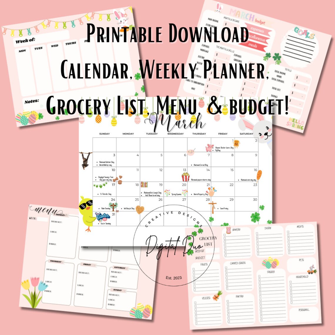 Download Printable March Calendar Weekly Planner Budget Menu Grocery ...