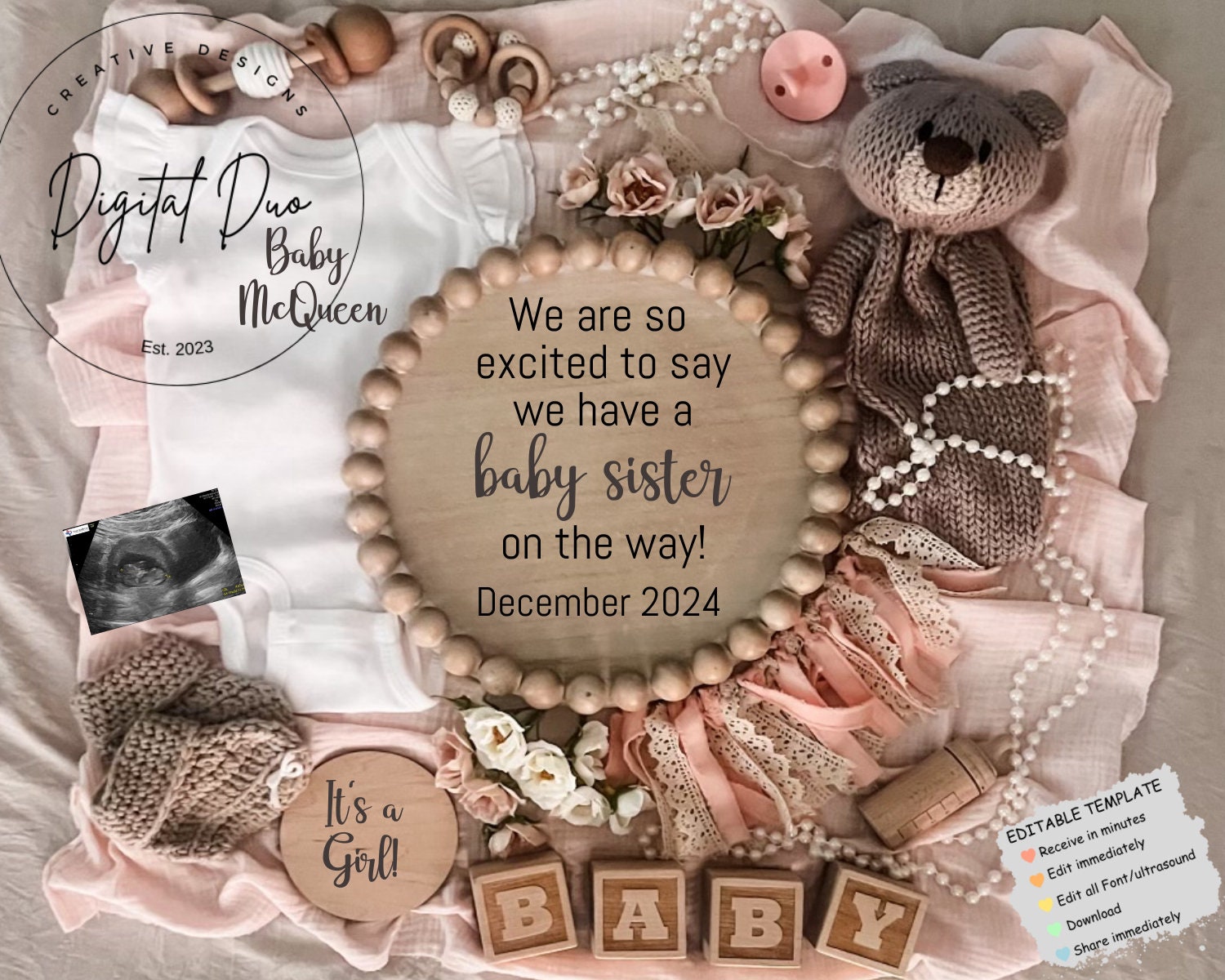 Girl Pregnancy Announcement: Pink Bow, Little Sister (digital ...