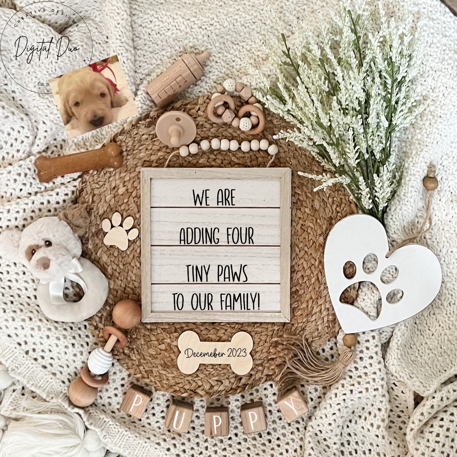 Editable New Puppy Announcement Digital Fur Baby Reveal Tiny Paws ...