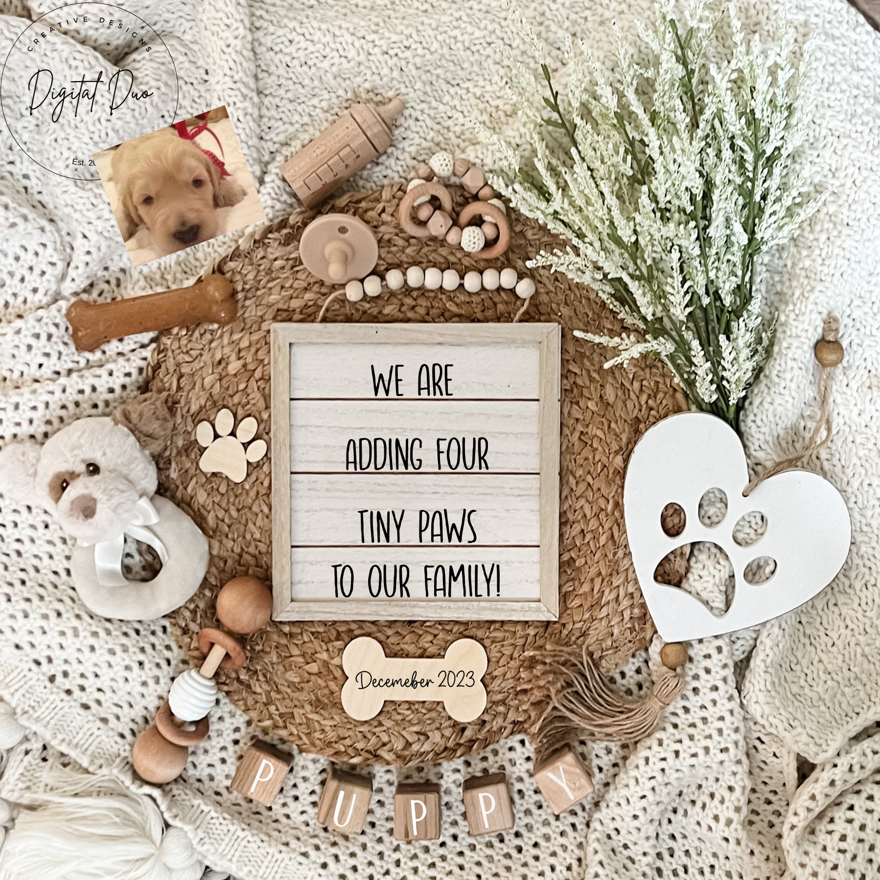Editable New Puppy Announcement Digital Fur Baby Reveal Tiny Paws ...