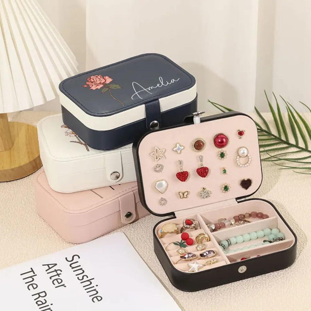 Personalized Birth Flower Leather Travel Jewelry Box With Name ...