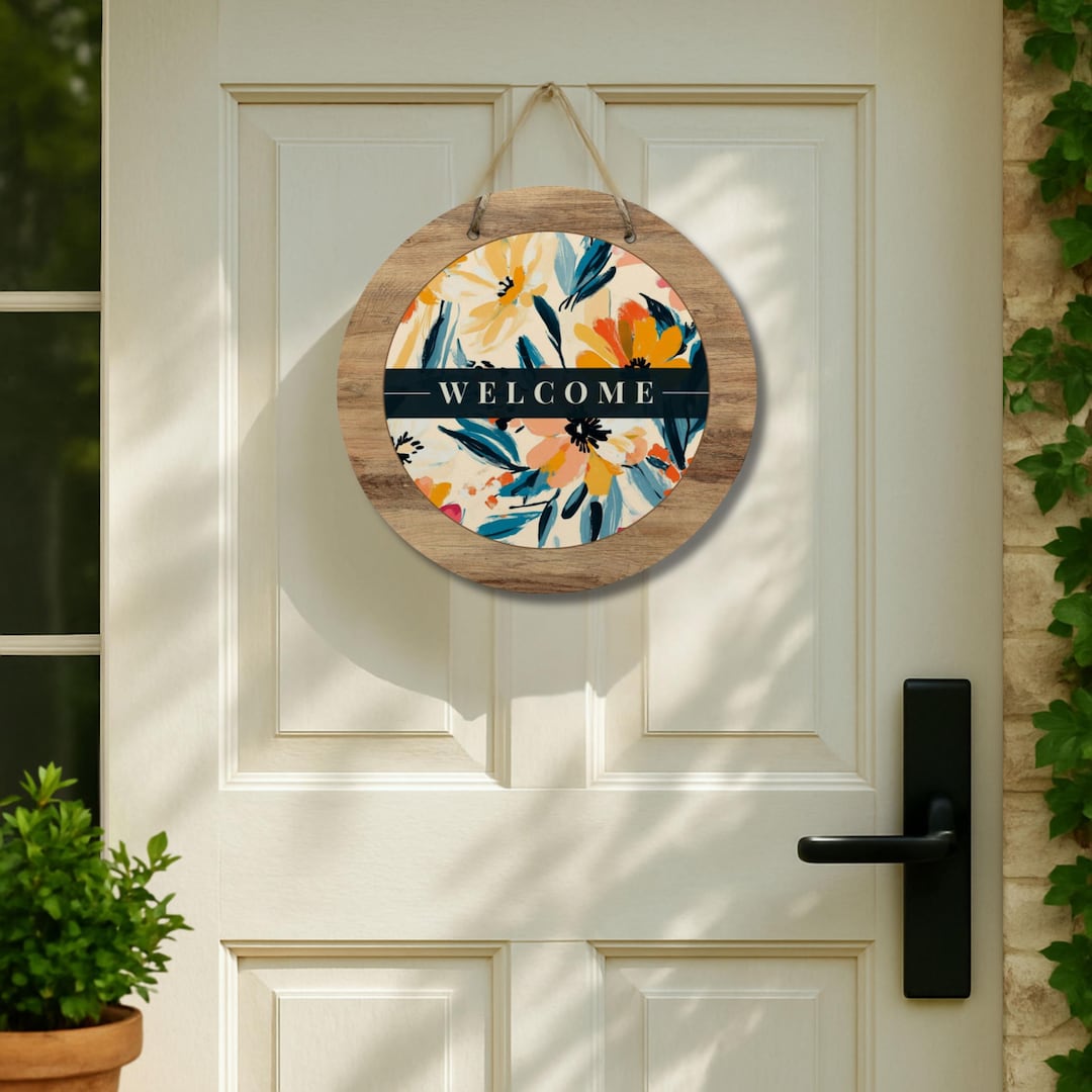 Designer Welcome Round Wood Door Sign – Elegant Front Door Decor ...