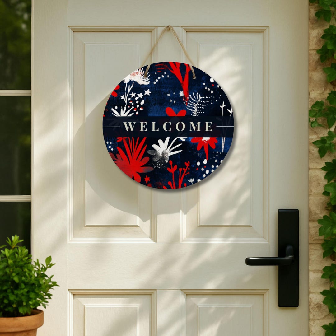 Designer Welcome Round Wood Door Sign – Elegant Front Door Decor ...