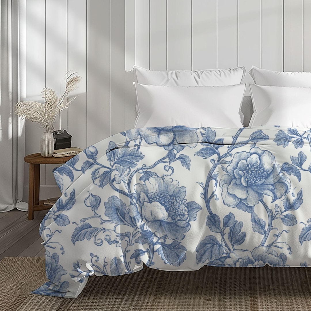 Blue Toile Floral Cotton Duvet Cover | Vintage Chinoiserie Bedding - Etsy