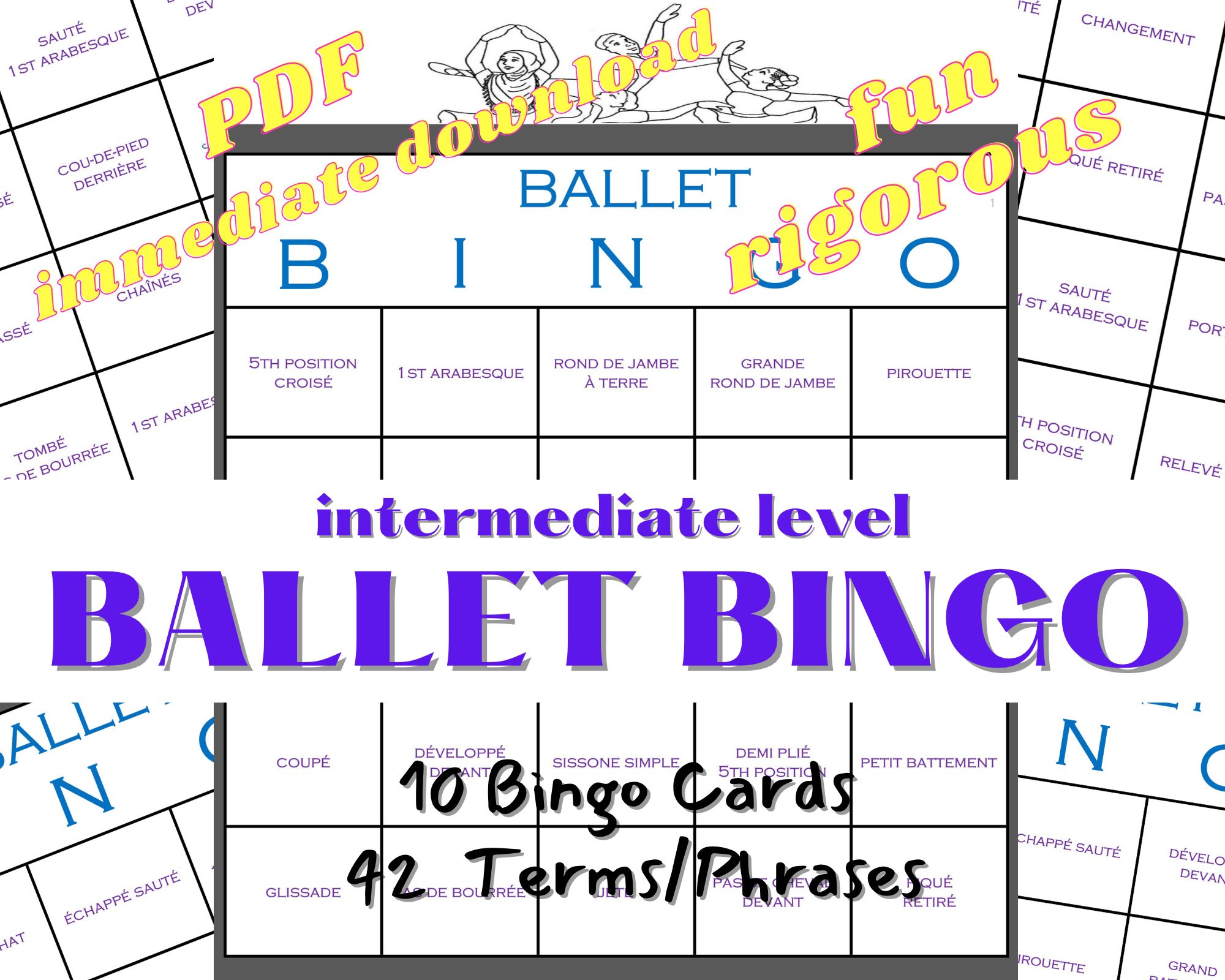 Ballet Bingo Intermediate Level_ 10 Bingo Cards 42 Ballet Terms/phrases ...