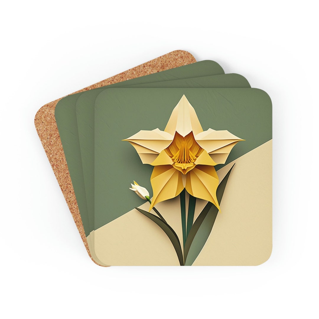 Papercraft Daffodil in Watercolor Coaster Set 4 Square Cork-backed ...