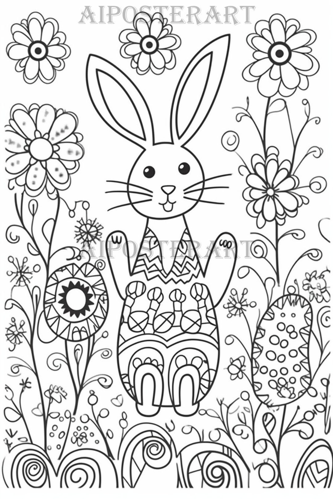 Simple Easter Bunny and Flowers Coloring Page for Kids - Kids Printable ...