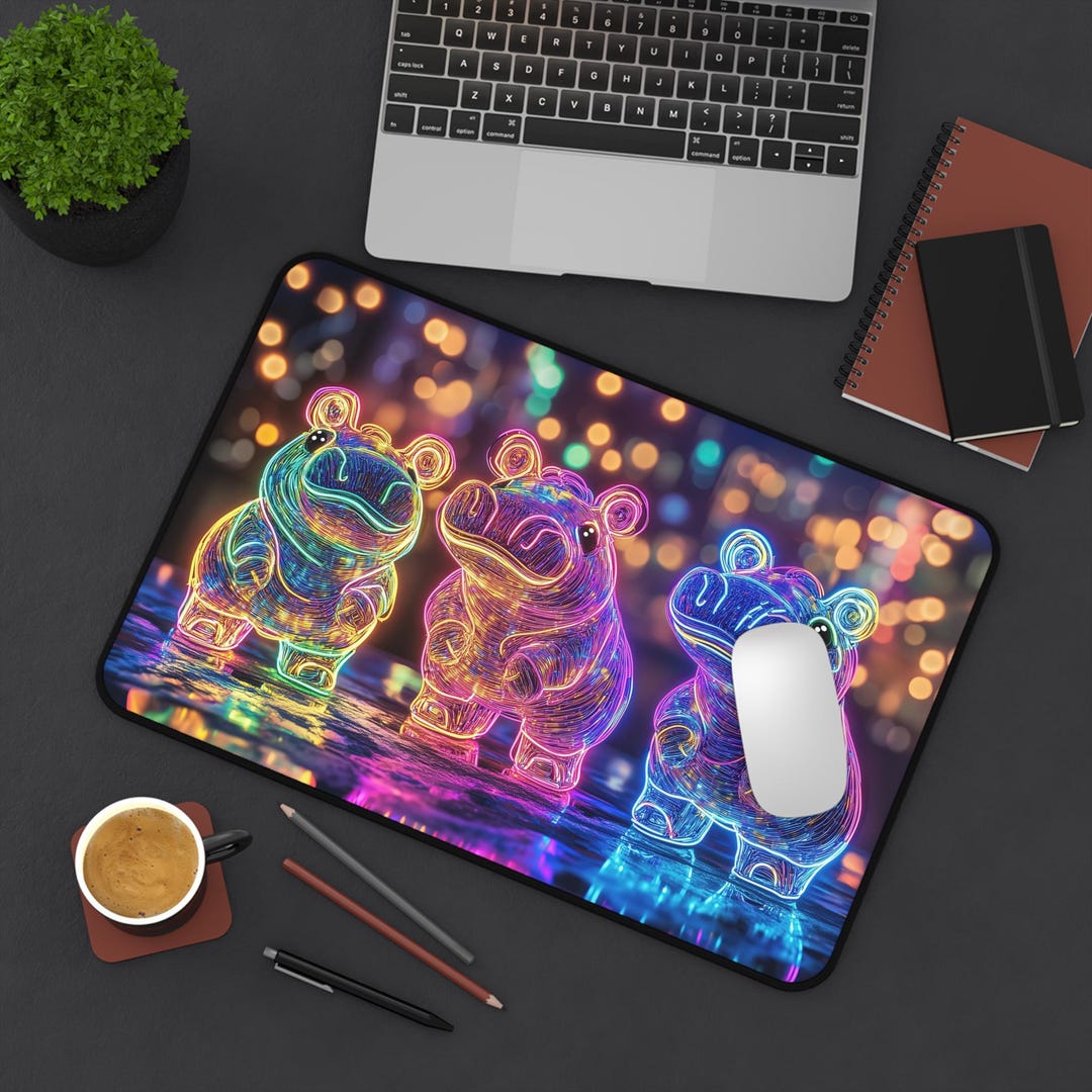 Neon Hippos Computer Desk Mat With Hemmed Edges - 3mm Thick Non-slip ...