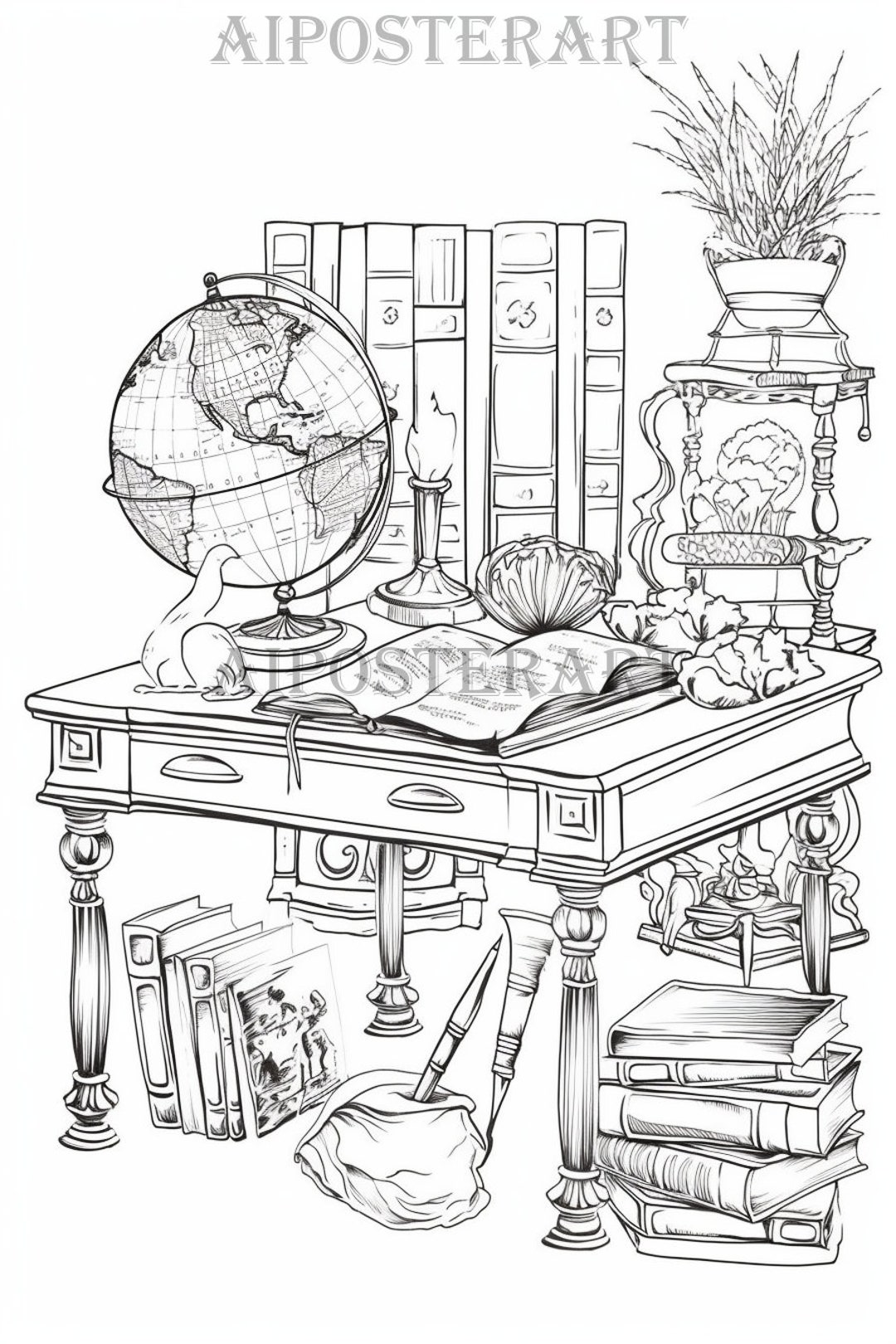 Old Fashioned Writing Desk, Globe and Clutter - Coloring Sheet for ...