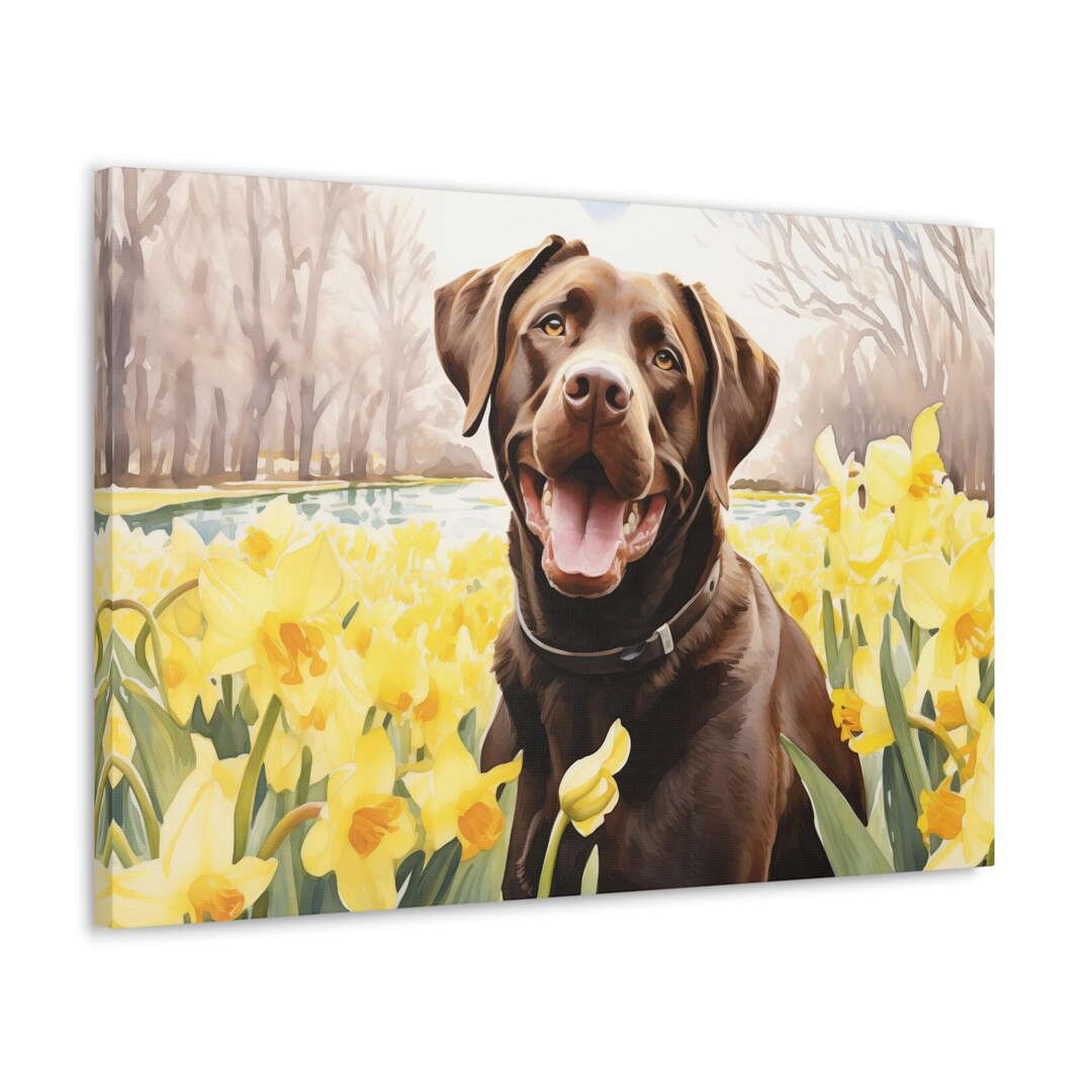 Chocolate Labrador and Daffodils Watercolor Canvas Print - Wall Art ...