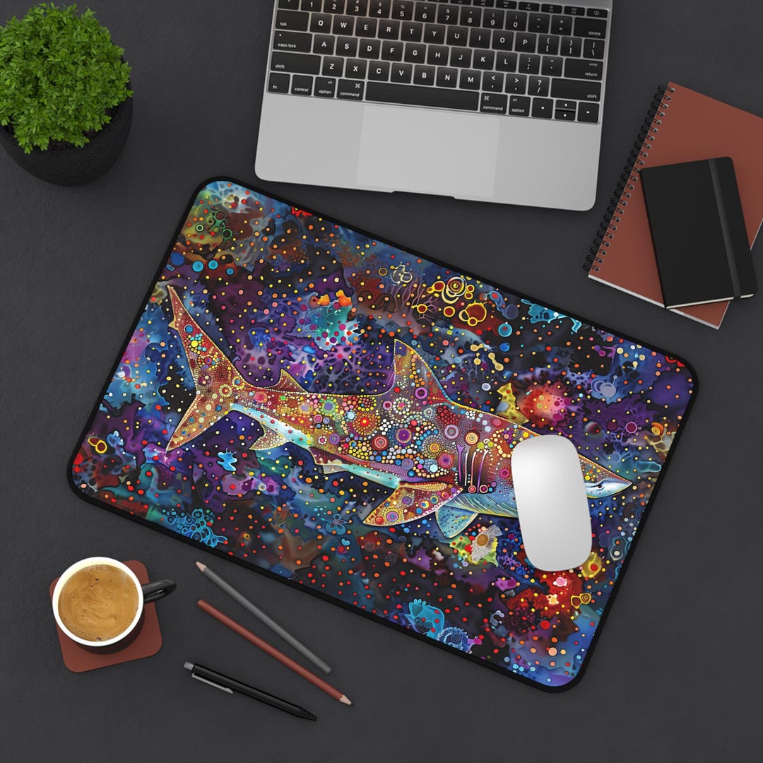 Colorful Dot Art Shark Desk Mat - a Shark Rendered in Intricate ...