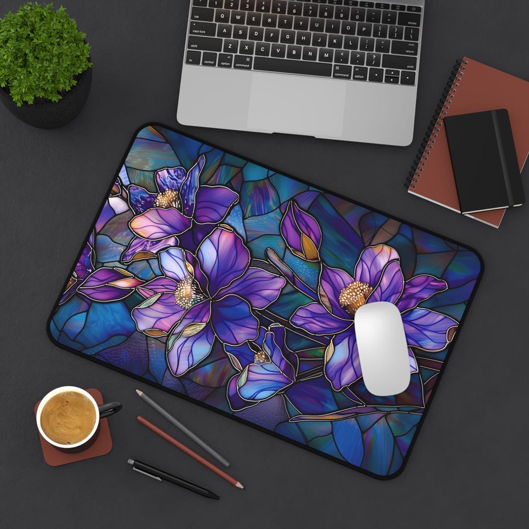 Purple Flowers Stain Glass Desk Mat - Elegant and Intricate Purple ...