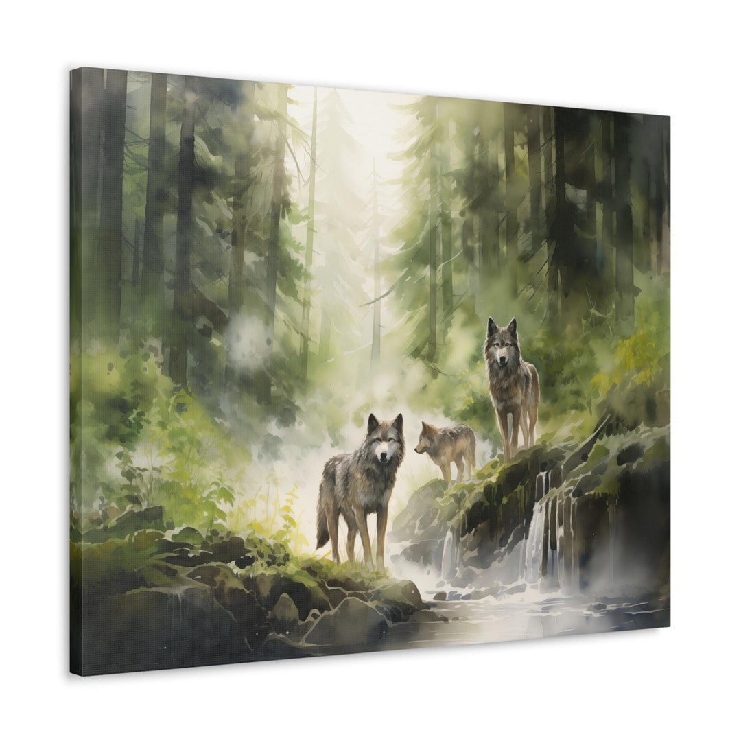Pacific Northwest Wolves Watercolor Canvas - Mystical Rainforest Wall ...