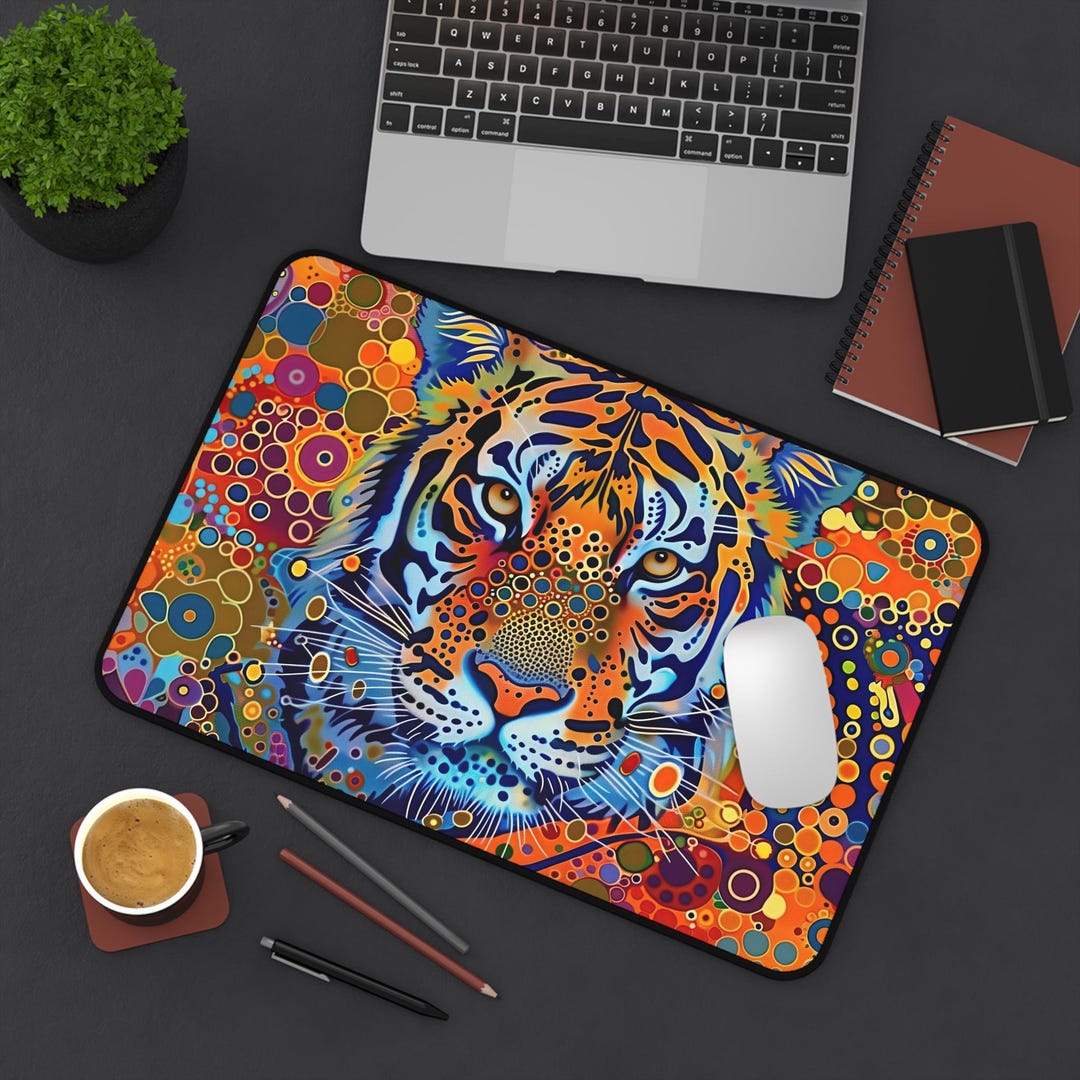Colorful Dot Art Tiger Desk Mat - a Tiger Rendered in Intricate ...