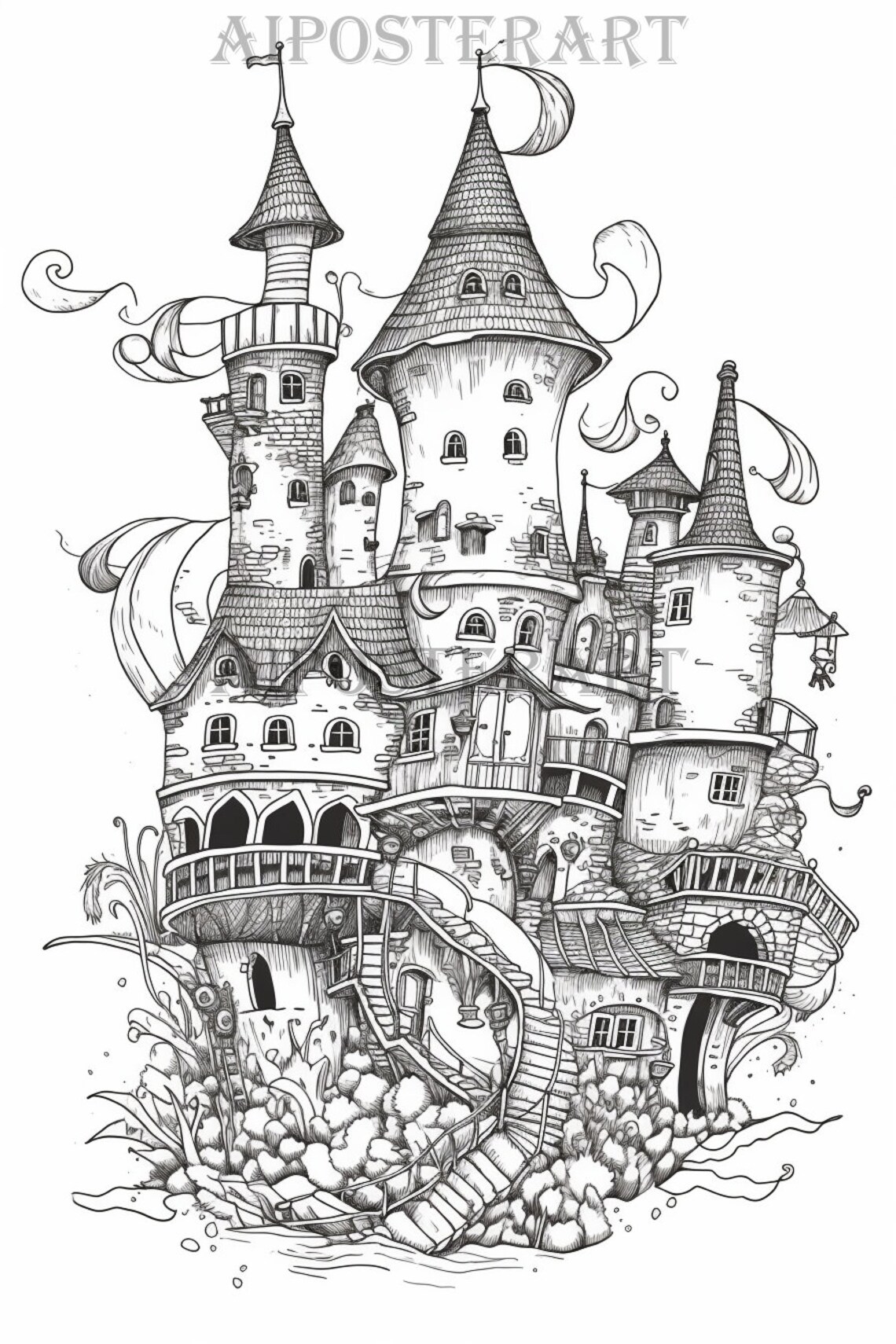 Rickety Magical Old Castle Coloring Page for Adults Printable Castle ...