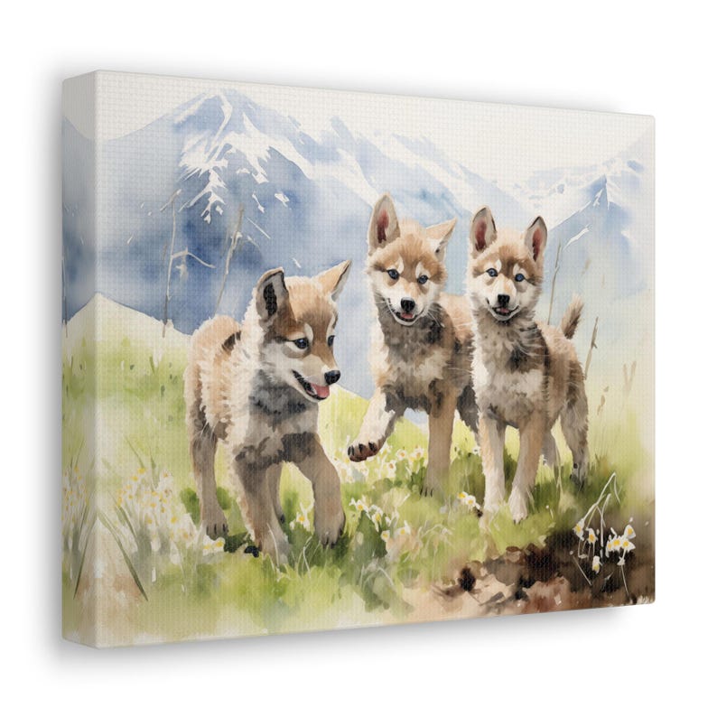 Playful Wolf Pups in Denali Watercolor Canvas - Joyful Wildlife Wall ...