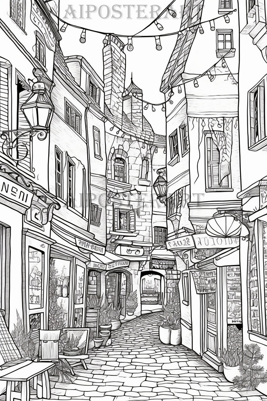Medieval Cobbled Street Coloring Page for Kids & Adults Printable High ...