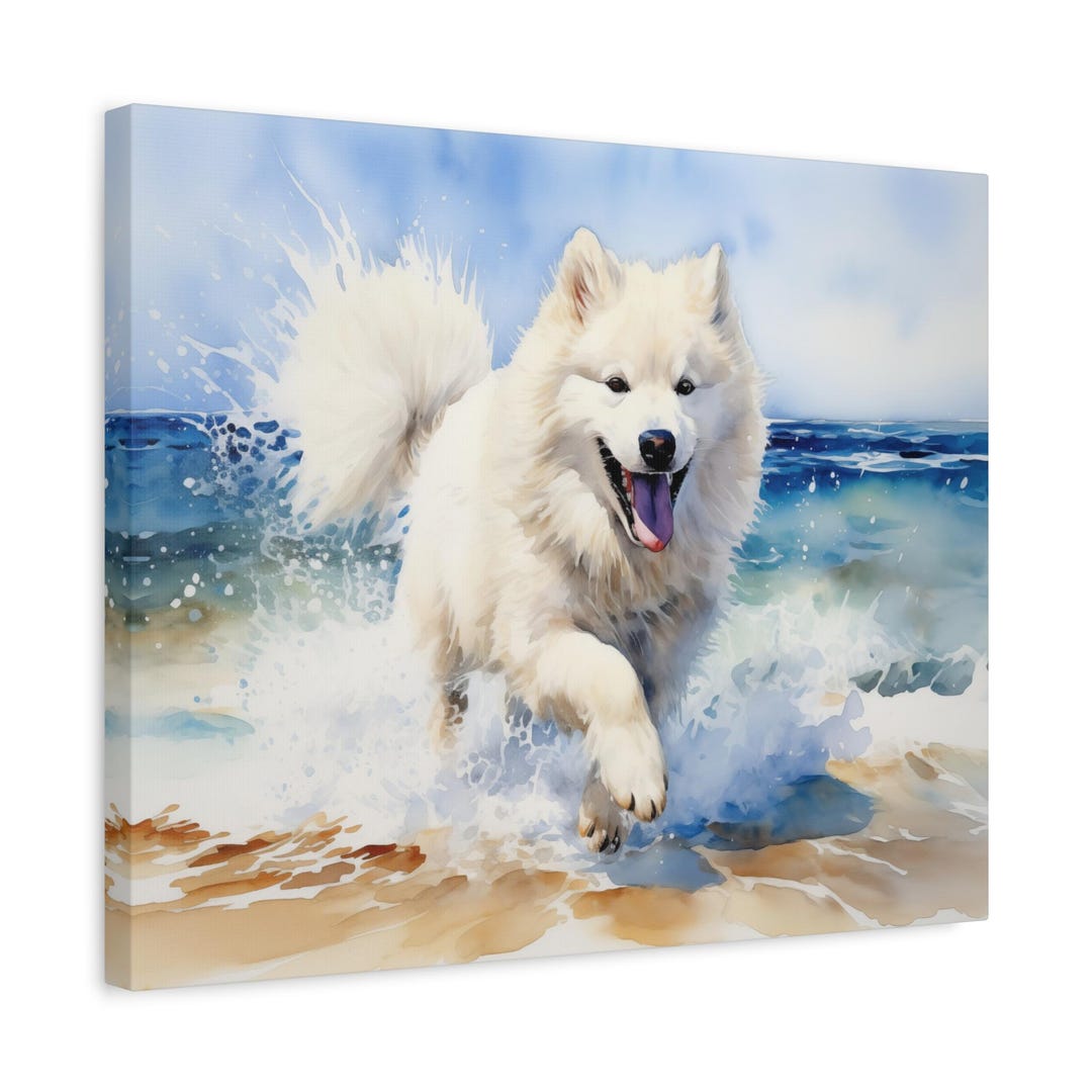 Samoyed Canvas Print - Joyful Samoyed Running in Surf Wall Art - Etsy
