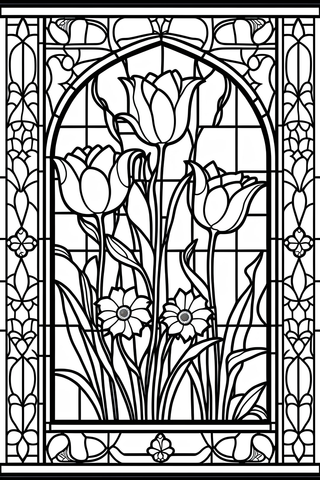 Flowers - Stained Glass Window - Printable Adult Coloring Page From ...