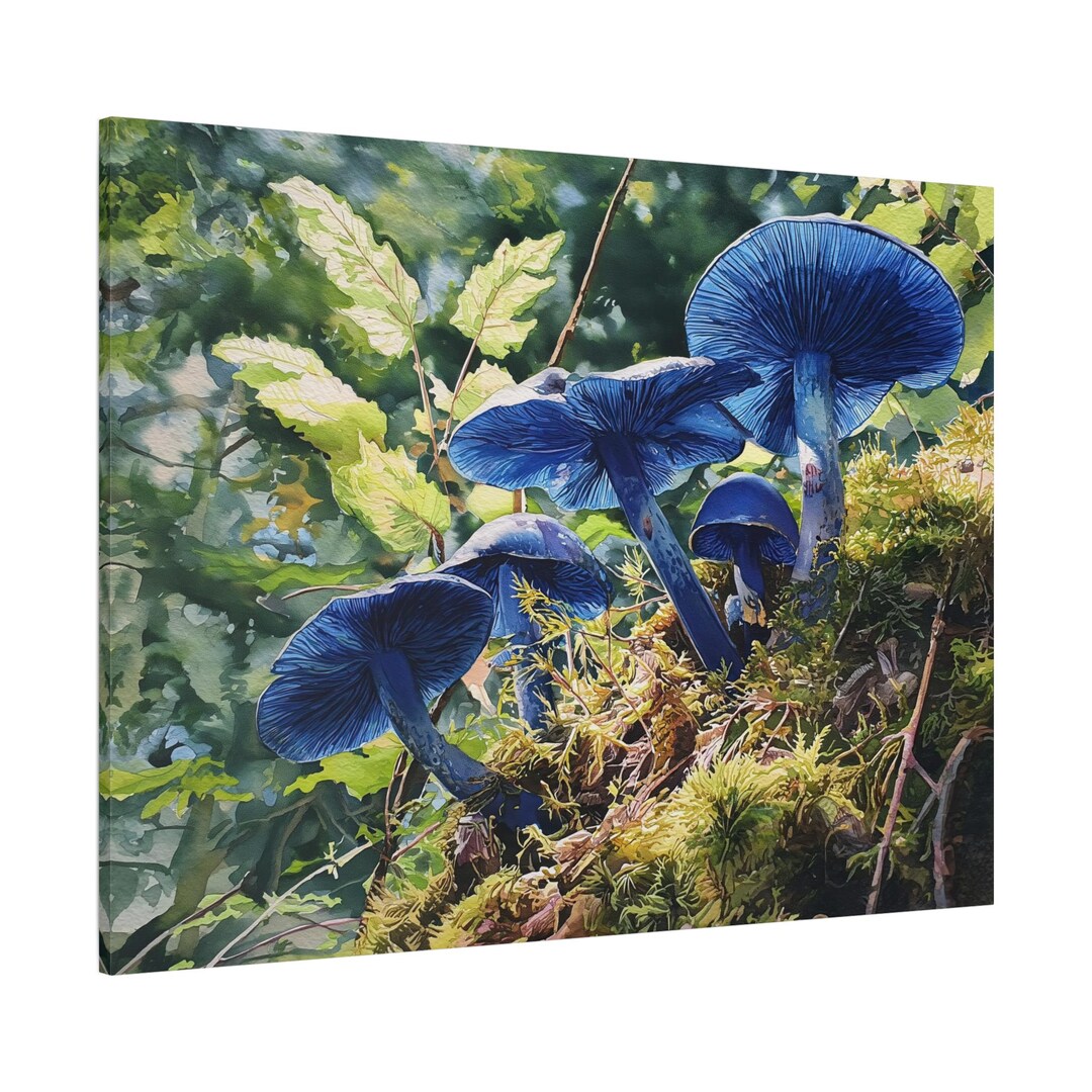 Indigo Milk Caps Fungi Watercolor Printed on Canvas - Wall Art Gift for ...
