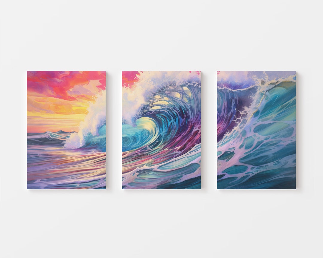 Sunset Barrel Wave Wall Art - Set of 3 Printed Canvas Panels - Wall ...