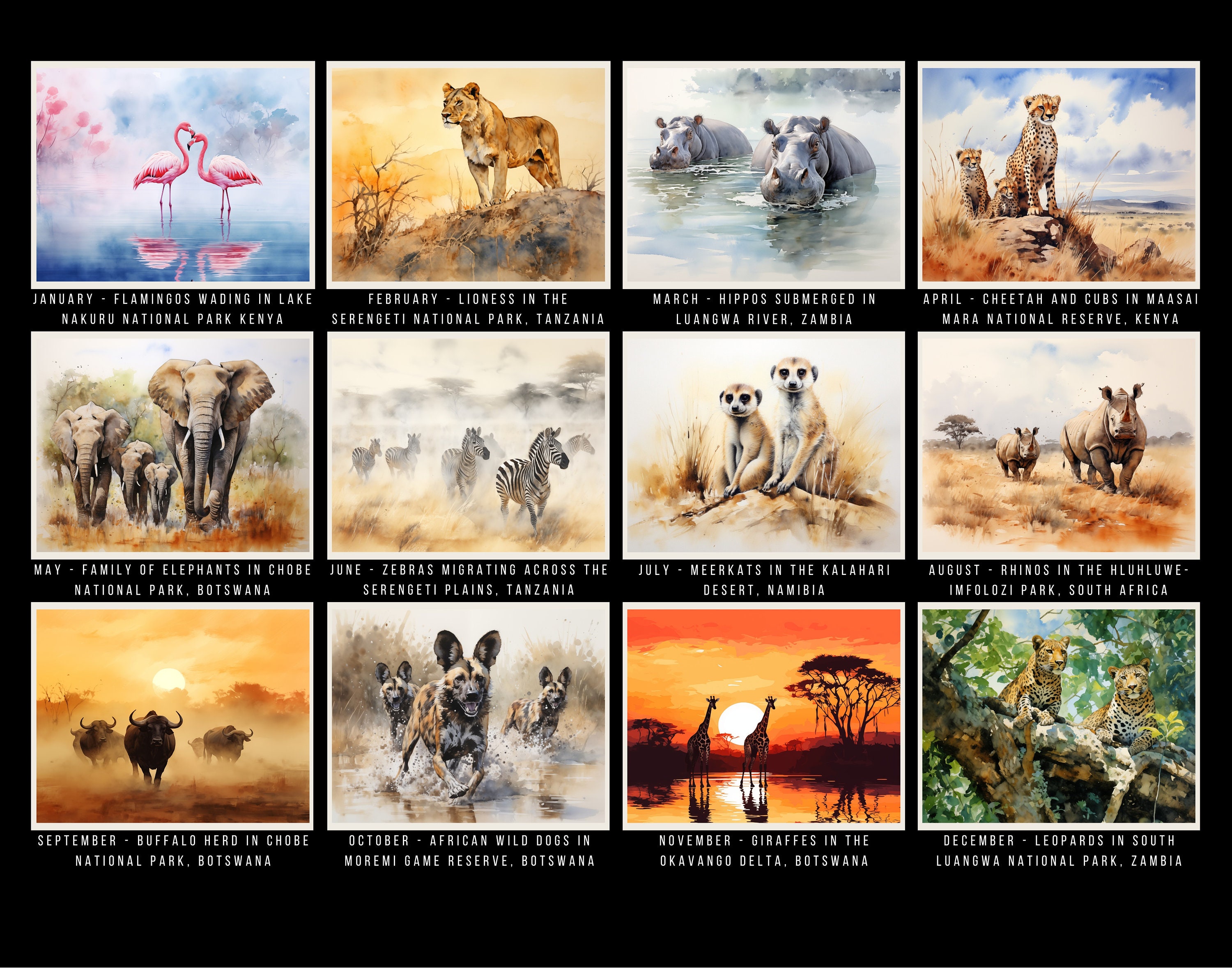 African Animals Wall Calendar 2024 Hanging Wall Calendar With 12 Animal ...