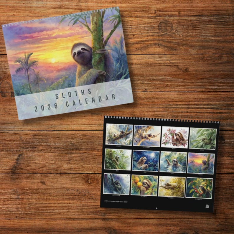 2026 Watercolor Sloth Wall Calendar - Hanging Wall Calendar With Twelve ...