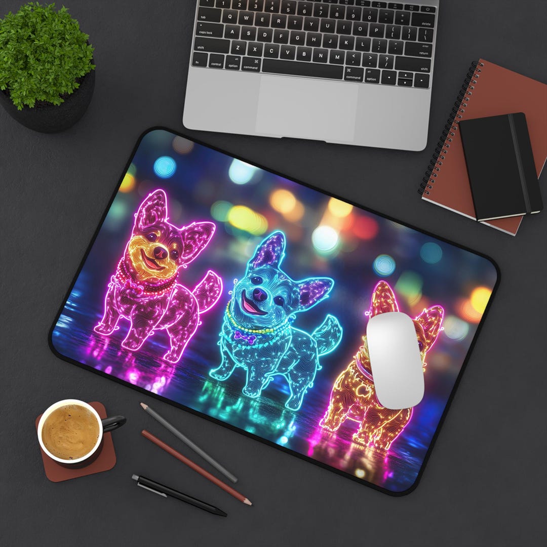 Neon Corgis Computer Desk Mat With Hemmed Edges - 3mm Thick Non-slip ...