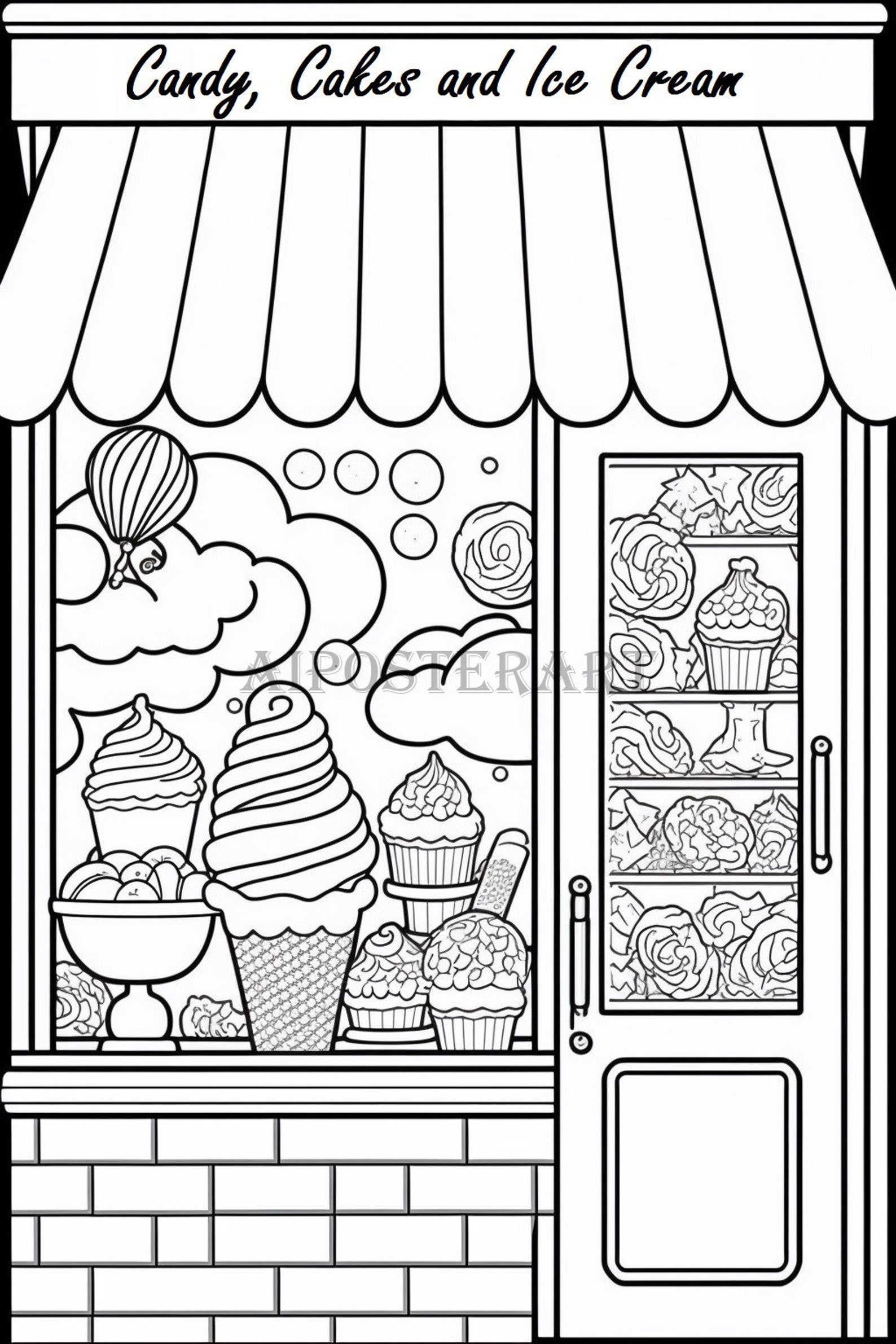 Candy Cakes and Ice Cream Shop Window Coloring Page Printable Coloring ...