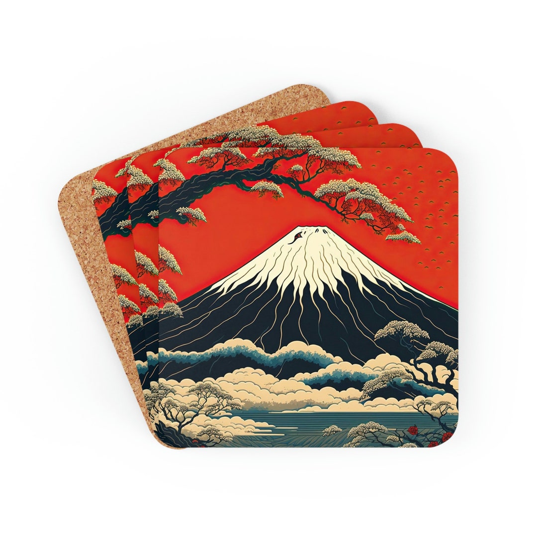 Ukiyo-e Art Style Mount Fuji Corkwood Coaster Set 4 Square Cork-backed ...