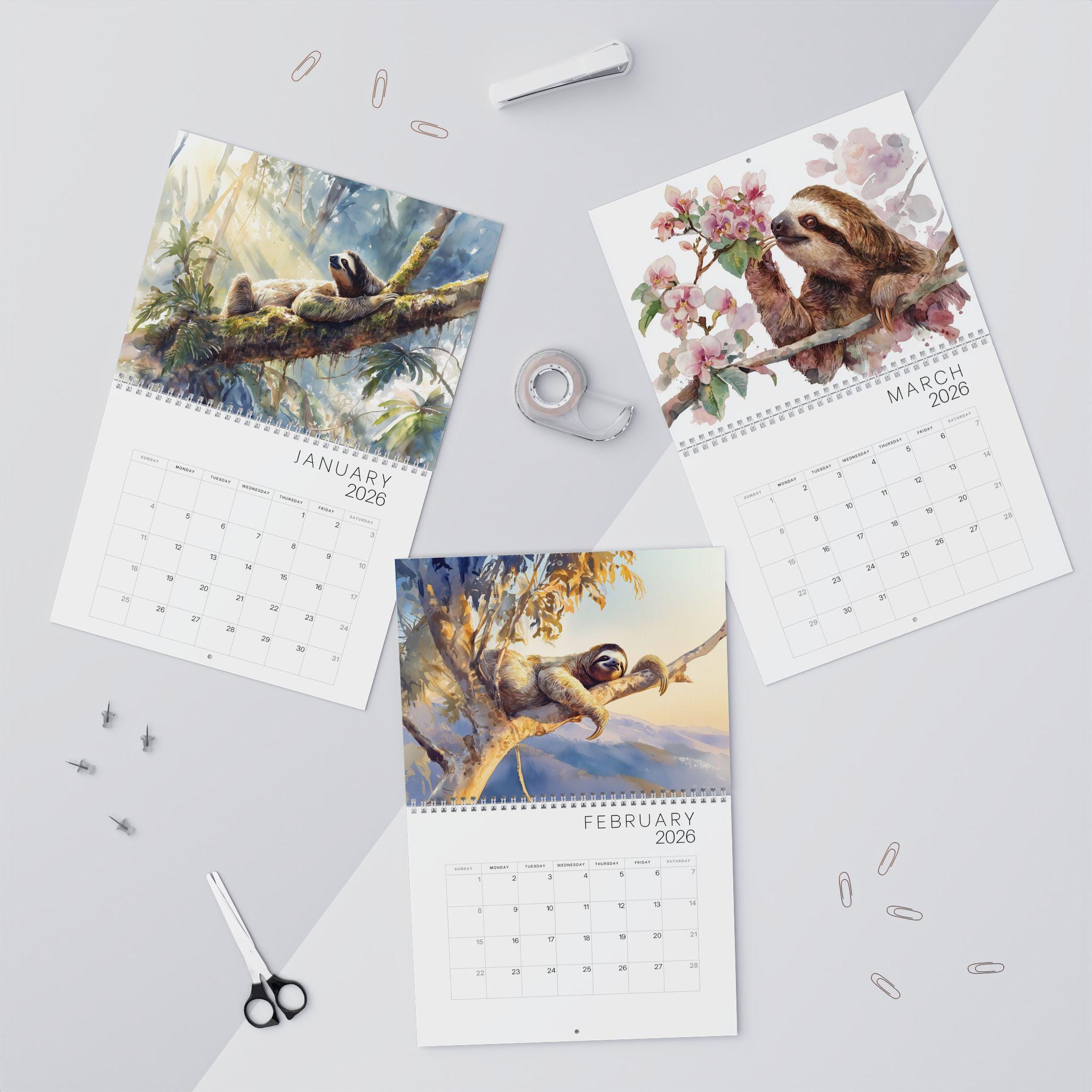 2026 Watercolor Sloth Wall Calendar - Hanging Wall Calendar With Twelve ...