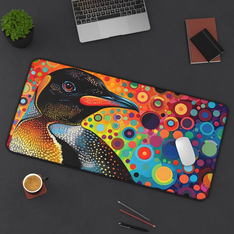 Colorful Dot Art Penguin Desk Mat - a Penguin Rendered in Intricate ...