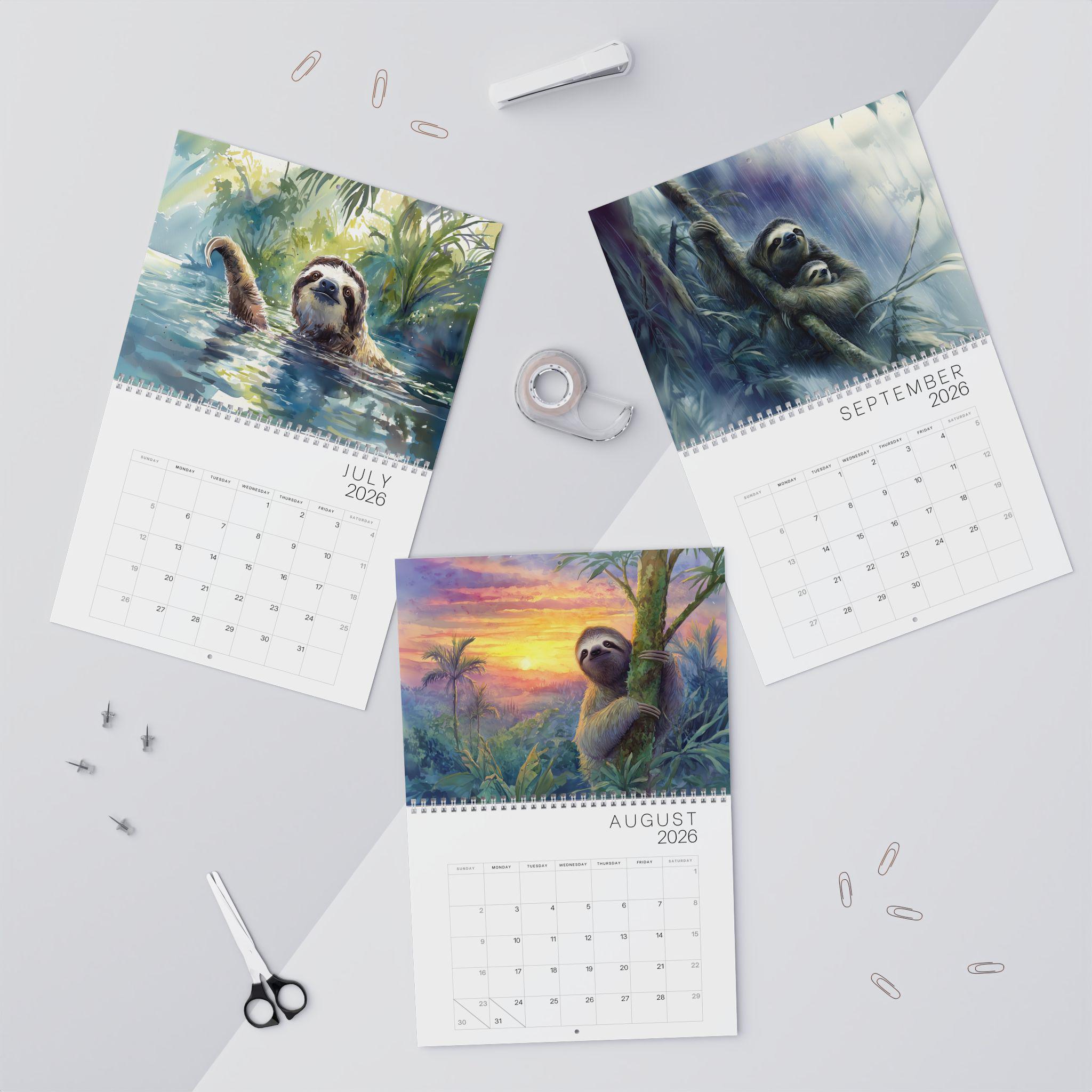 2026 Watercolor Sloth Wall Calendar - Hanging Wall Calendar With Twelve ...