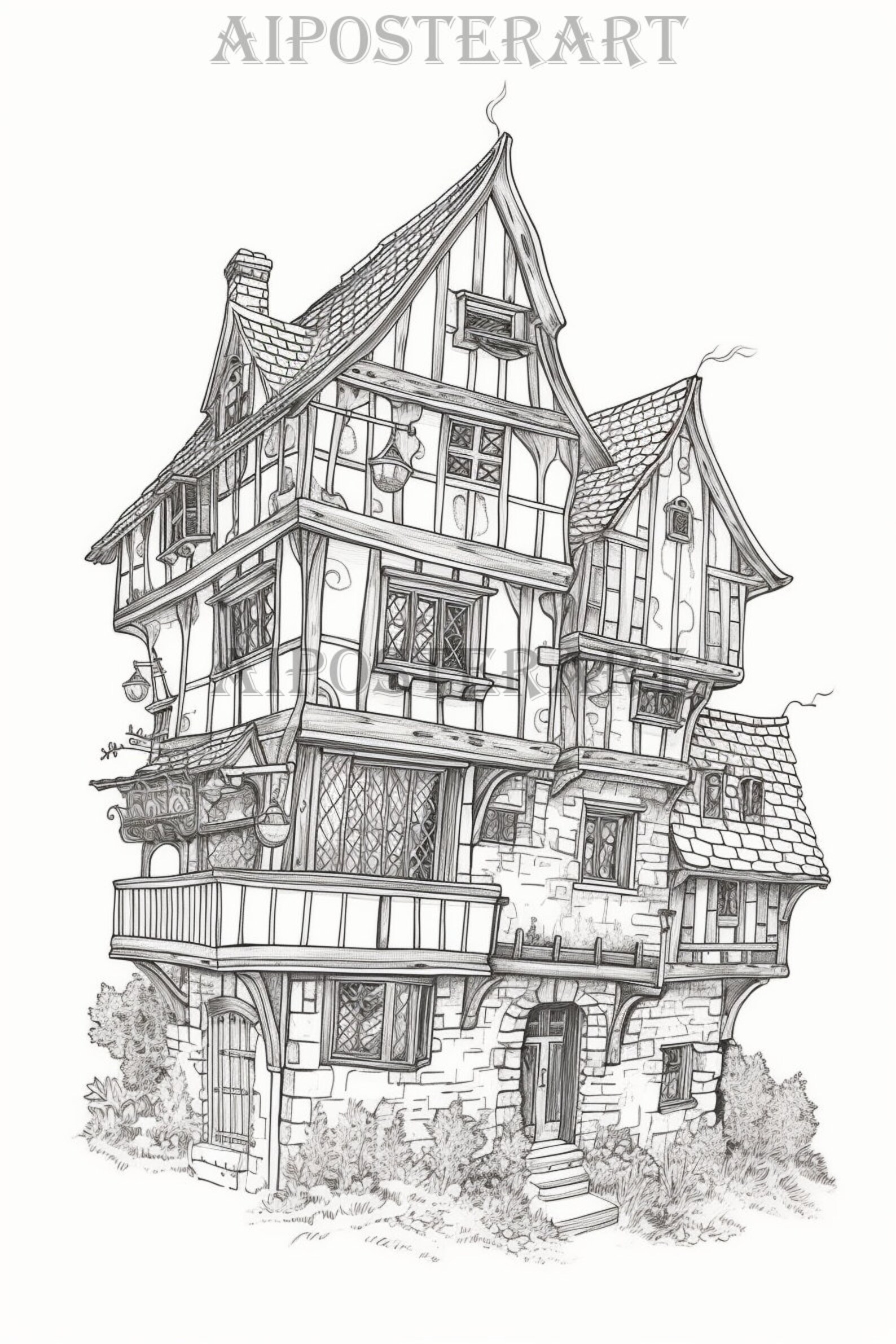 Medieval Inn Coloring Page for Adults Printable High Res 1792x2688 ...