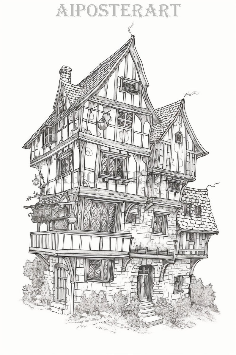 Medieval Inn Coloring Page for Adults Printable High Res 1792x2688 ...