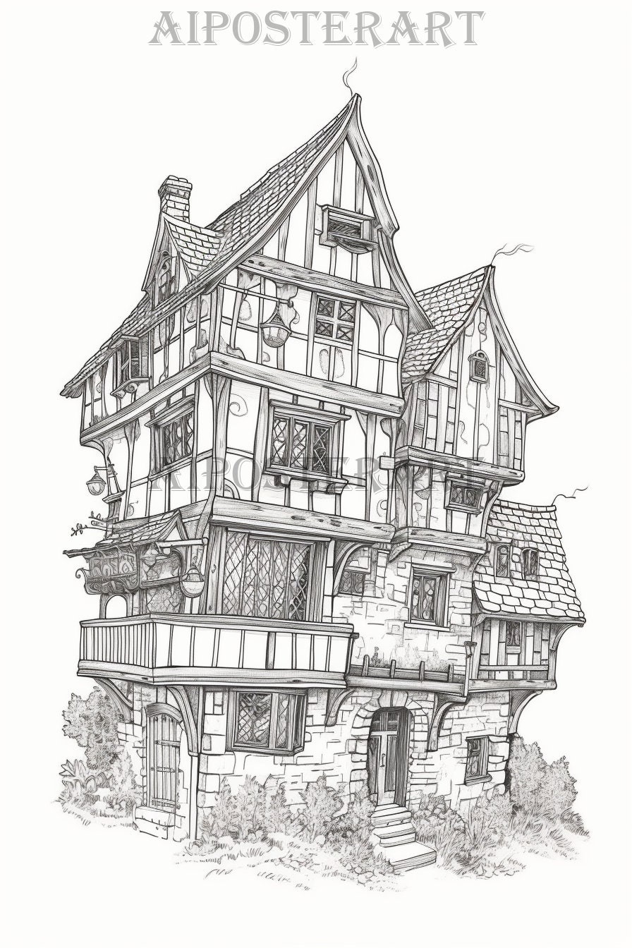 Medieval Inn Coloring Page for Adults Printable High Res 1792x2688 ...