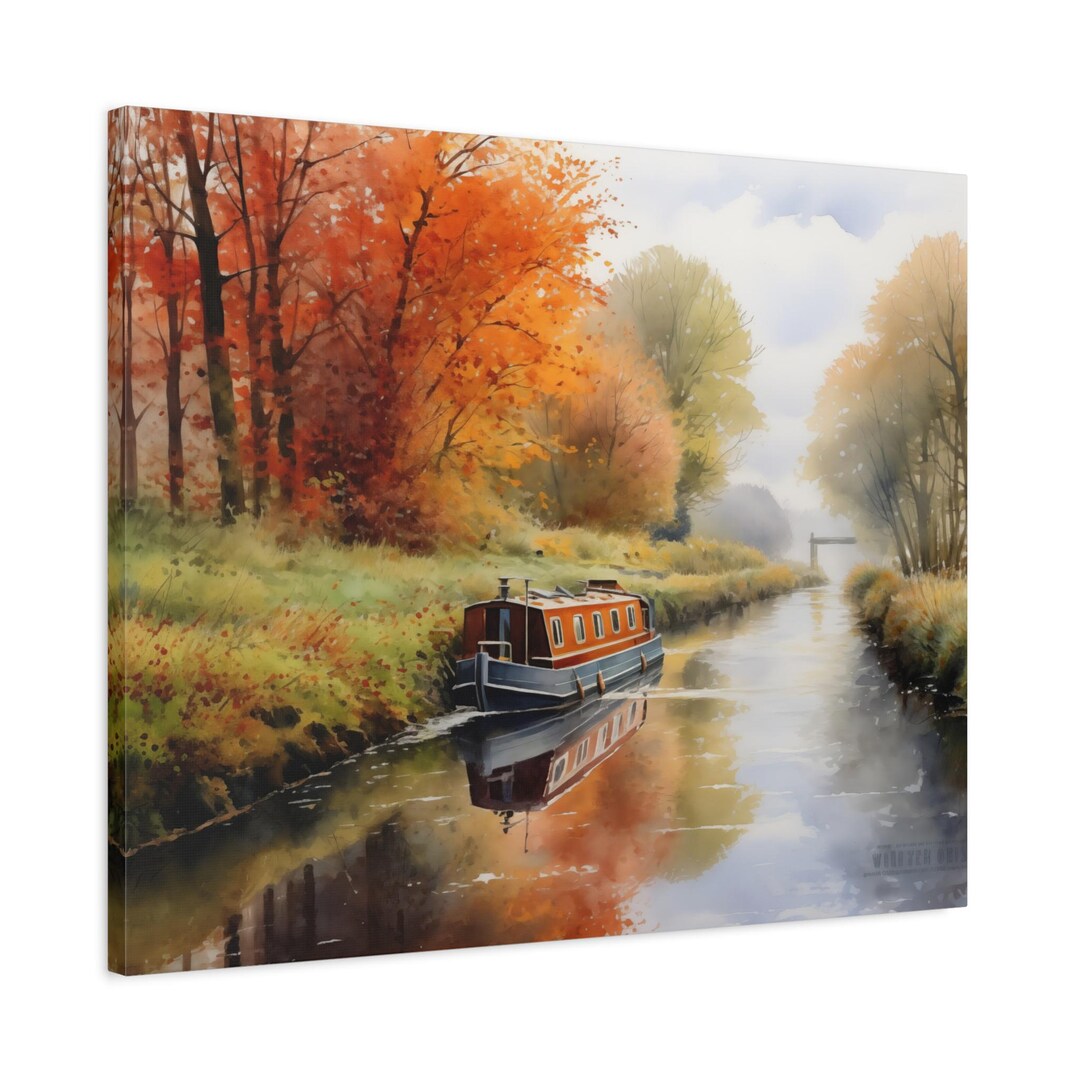 Autumn Narrowboat Canvas Print - Watercolor Style Wall Art Gift for ...