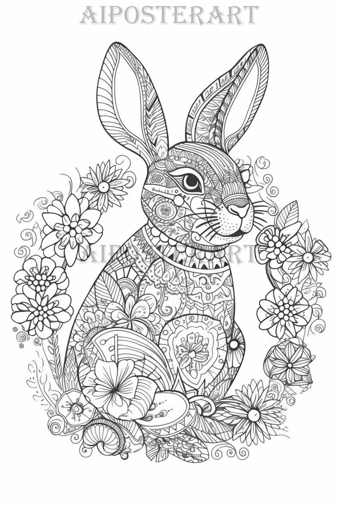 Easter Rabbit and Flowers Coloring Page for Adults - Printable Easter ...