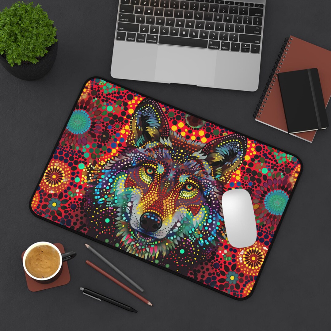 Colorful Dot Art Wolf Desk Mat - a Wolf Rendered in Intricate ...