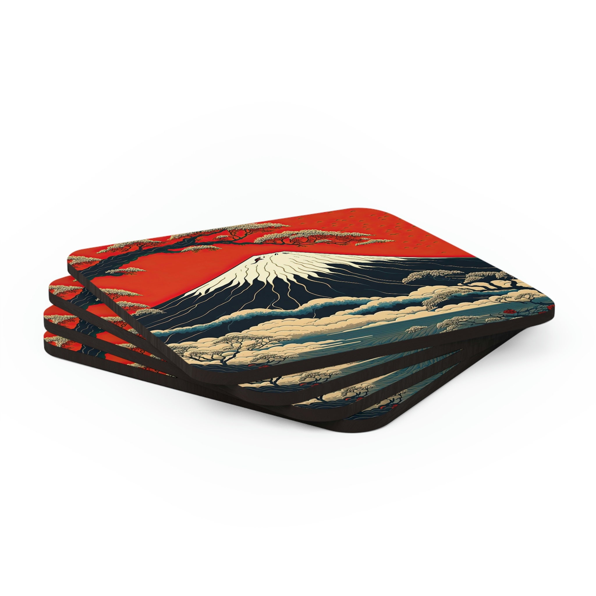 Ukiyo-e Art Style Mount Fuji Corkwood Coaster Set 4 Square Cork-backed ...