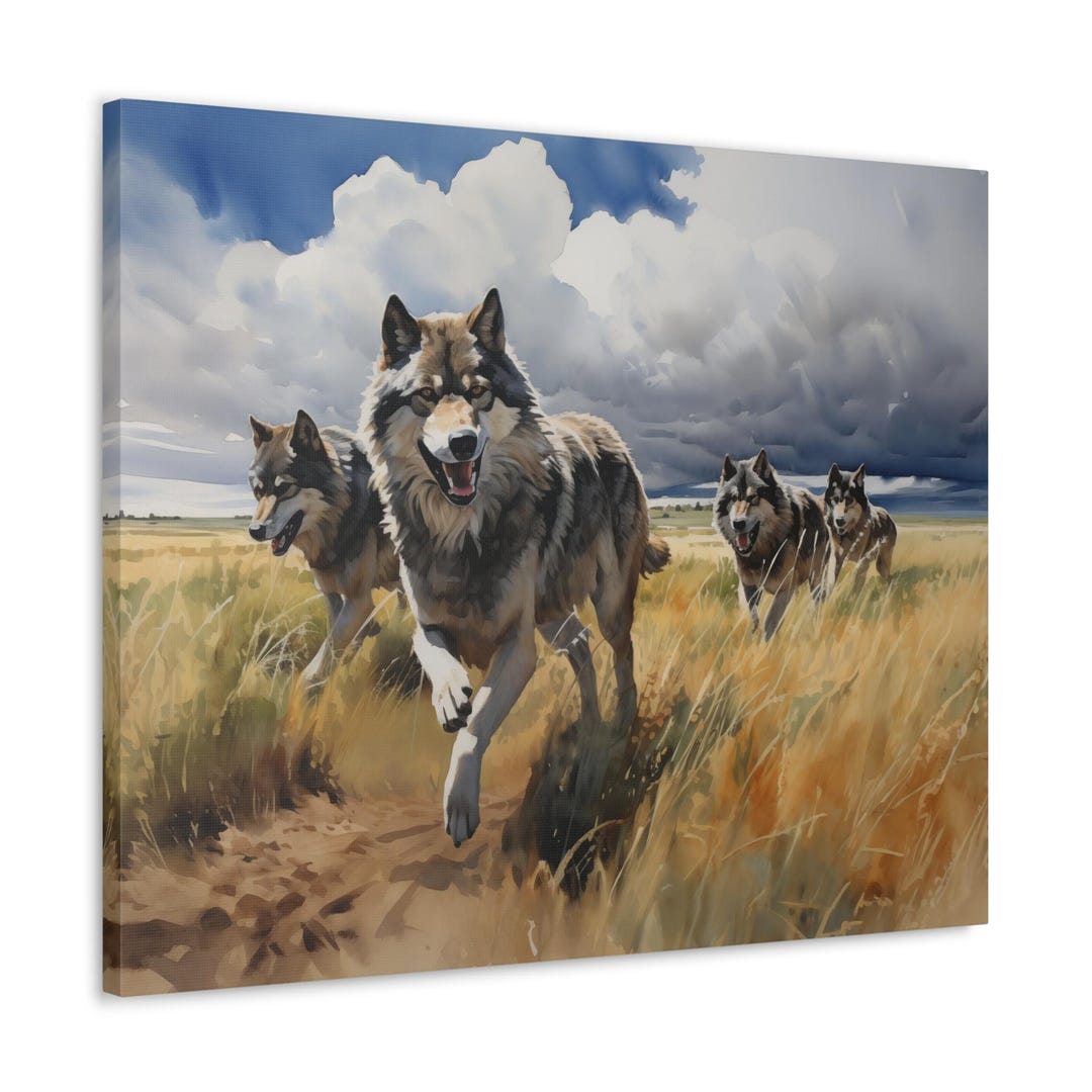 Running Wolves on Plains Watercolor Canvas - Dramatic Wildlife Wall Art ...