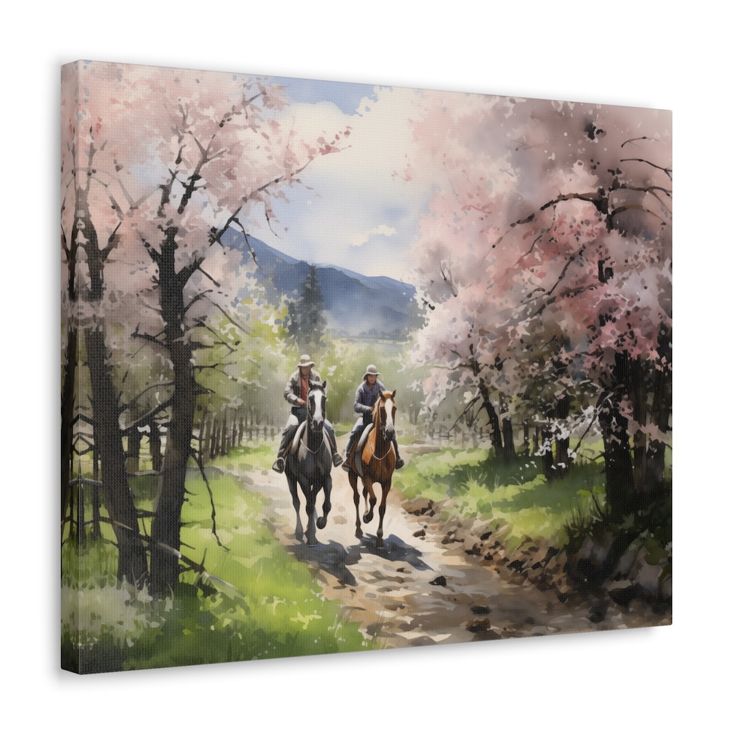 Horses in Spring Watercolor Printed on Canvas - Unframed Wall Art Horse ...
