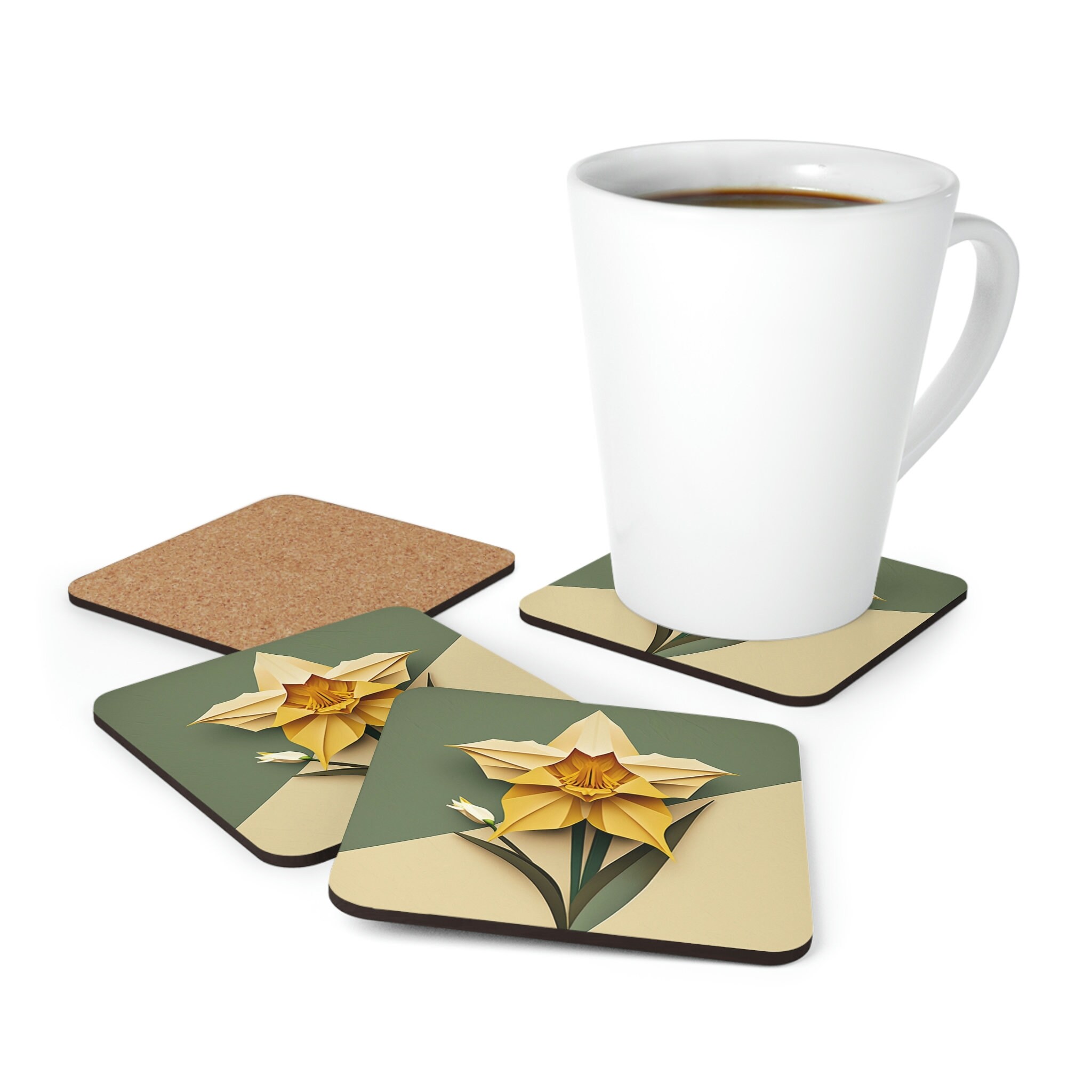 Papercraft Daffodil in Watercolor Coaster Set 4 Square Cork-backed ...