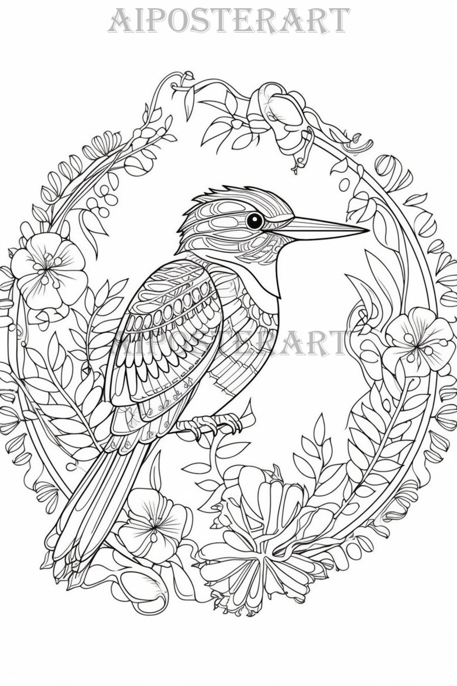 Kingfisher Bird and Flowers Coloring Page - Printable Coloring Sheet ...