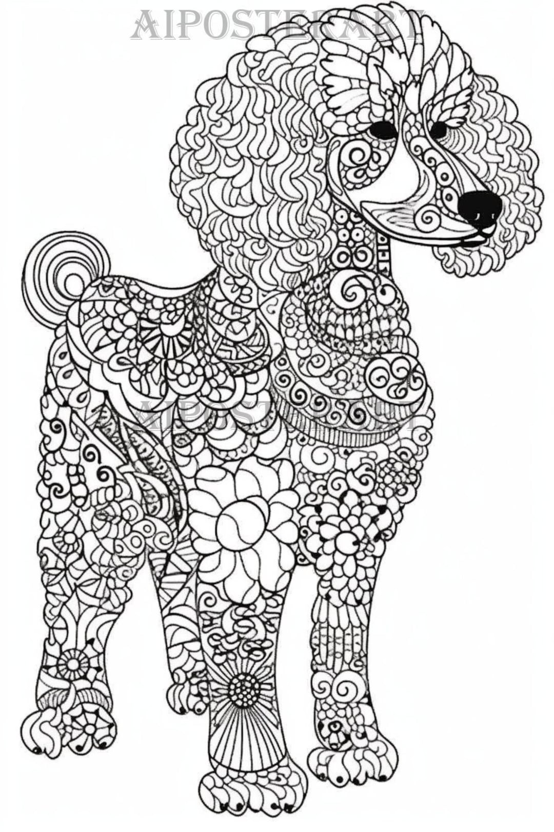 Poodle Dog Coloring Page for Adults - Printable Coloring Sheet of ...