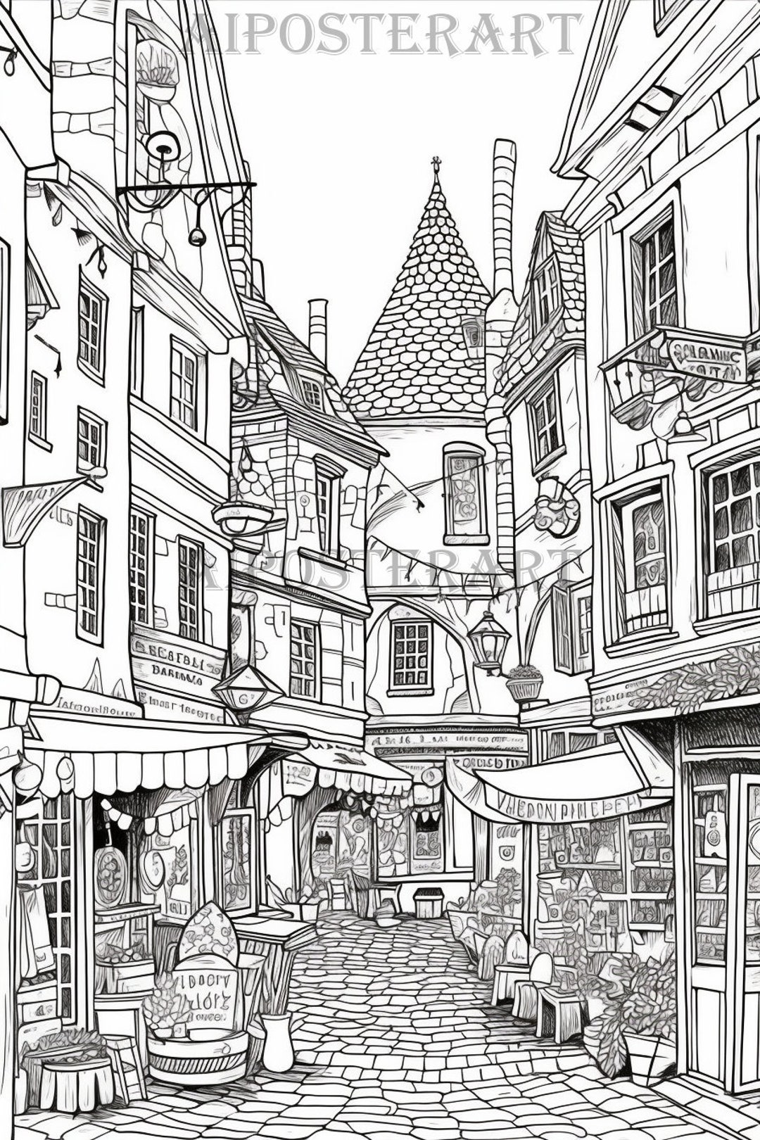 Old European Street Coloring Page for Kids & Adults - Printable ...