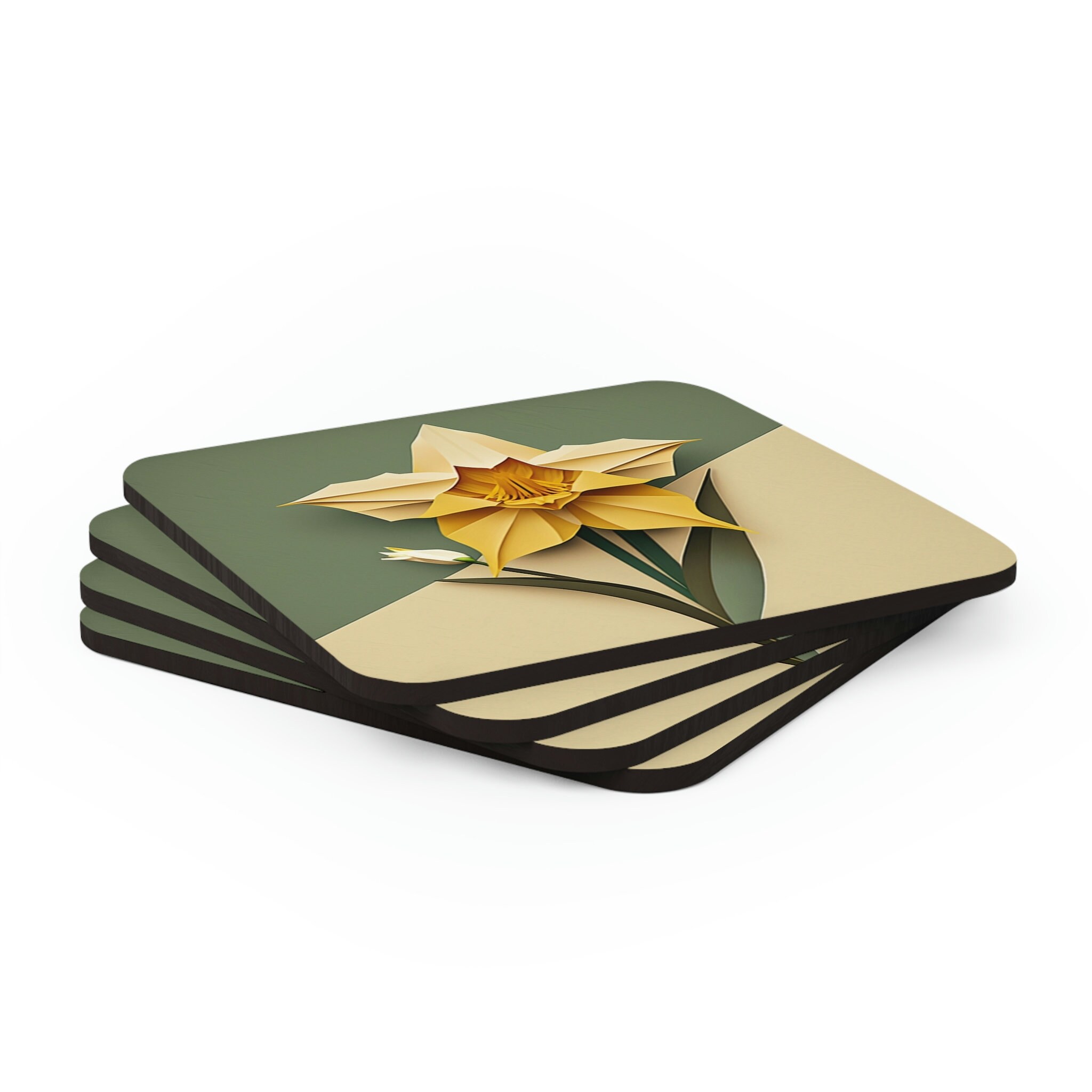 Papercraft Daffodil in Watercolor Coaster Set 4 Square Cork-backed ...